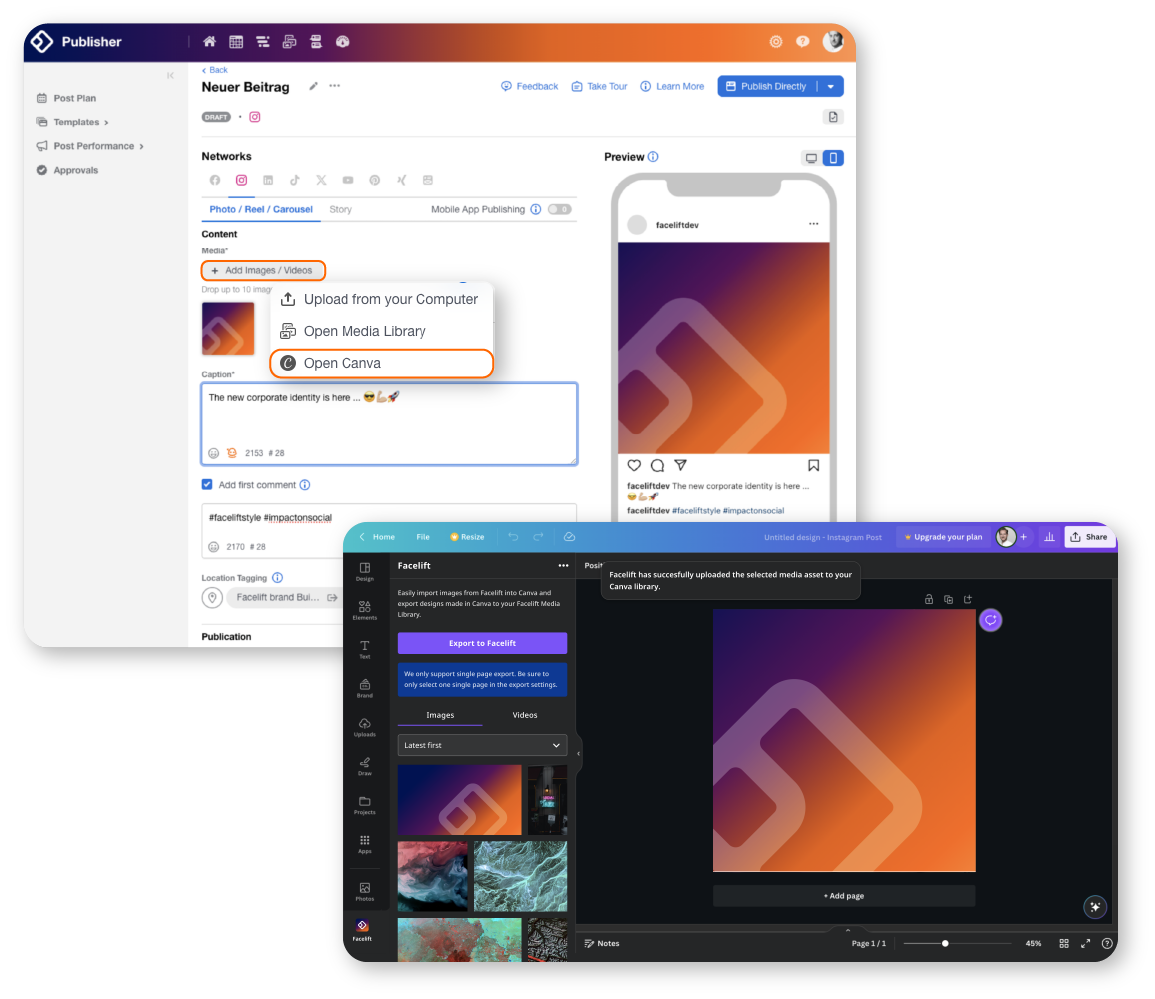 Facelift Social Media Tool mit Canva Integration